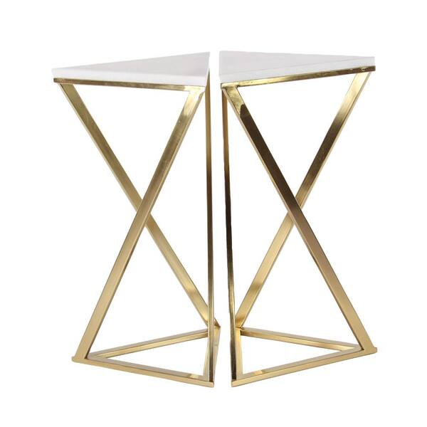 Litton Lane 12 in. Gold Large Triangle Marble End Accent Table with ...