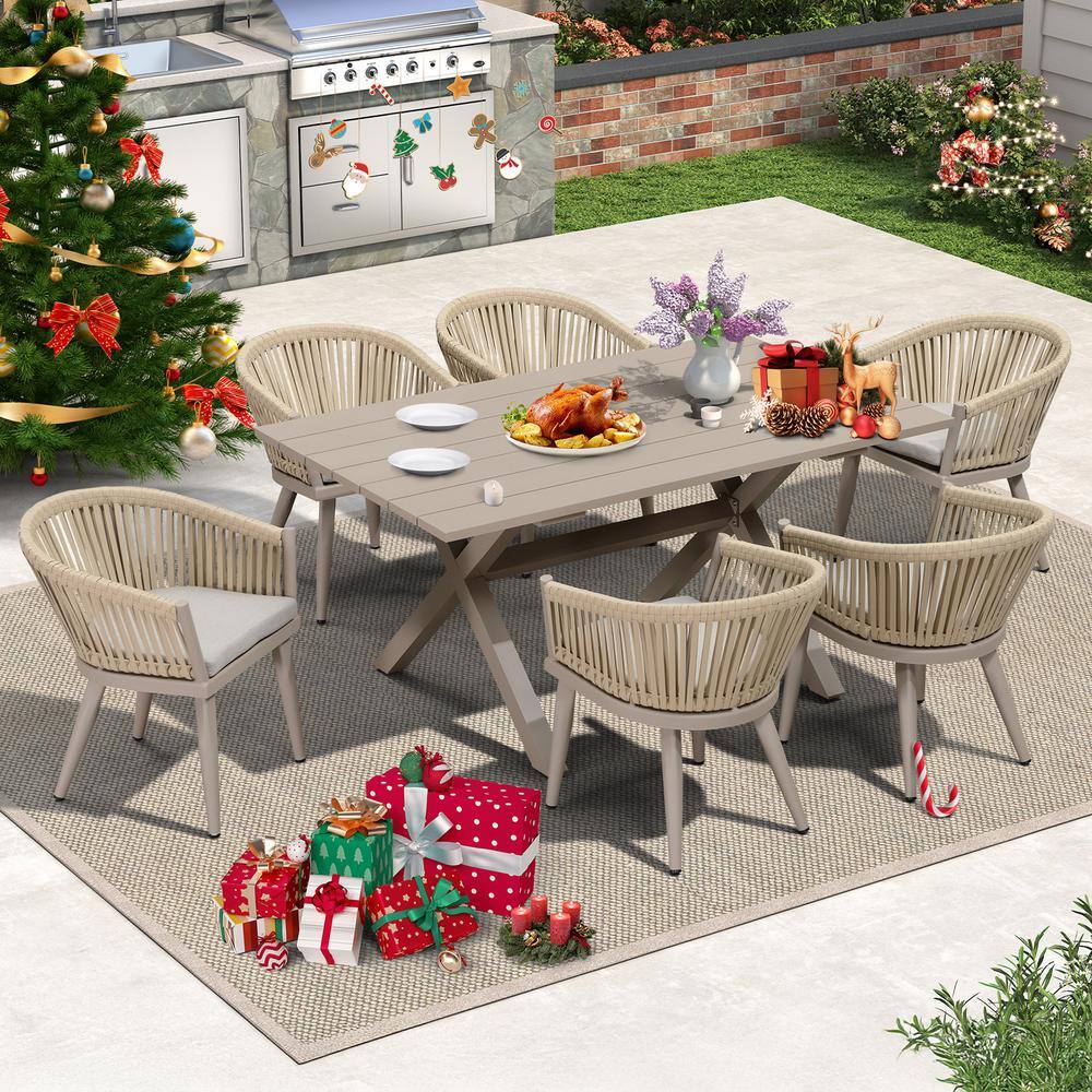 PURPLE LEAF 7 Piece Aluminum All-Weather PE Rattan Rectangular Outdoor Dining Set with Cushion ...