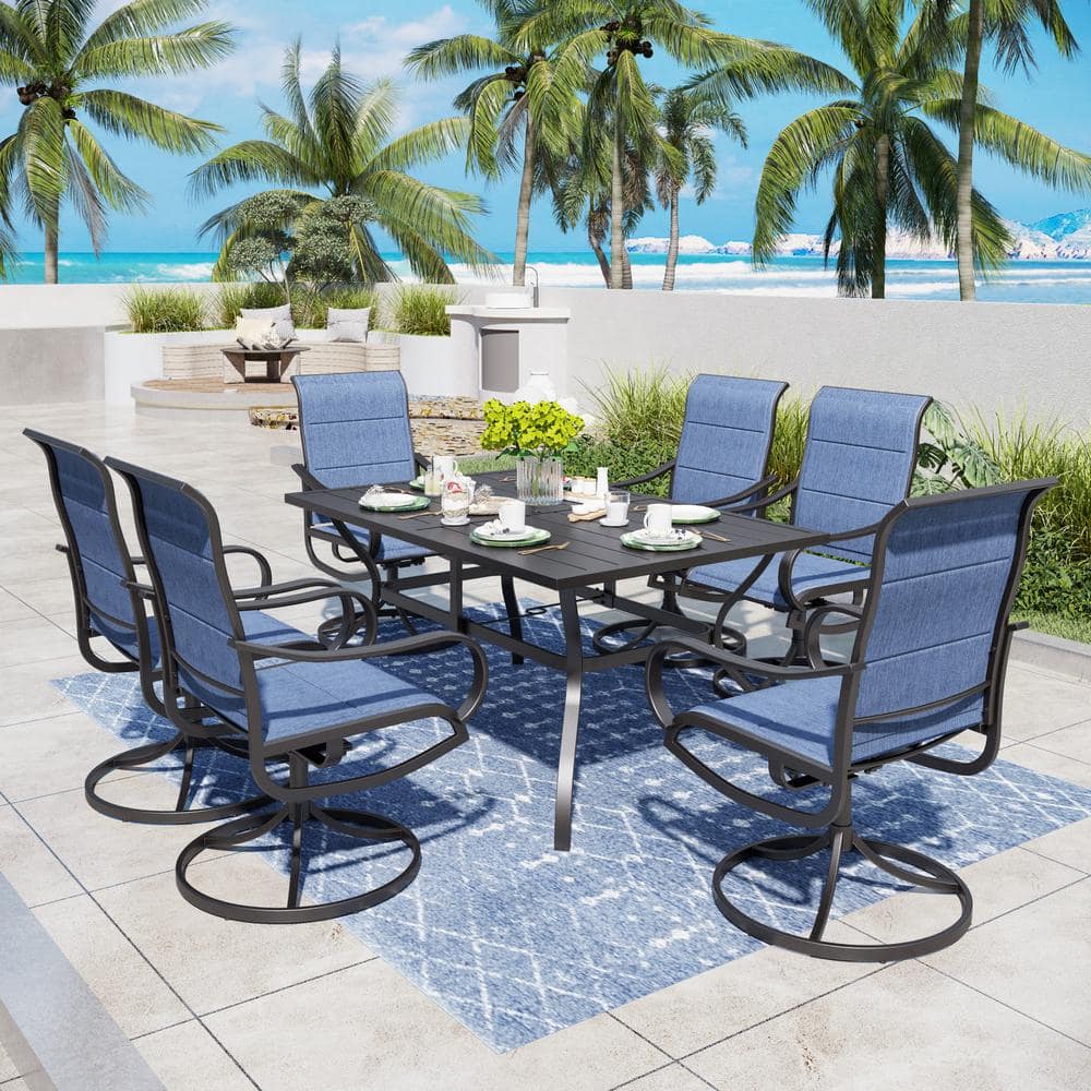 PHI VILLA Black 7-Piece Metal Outdoor Patio Dining Set with Slat ...