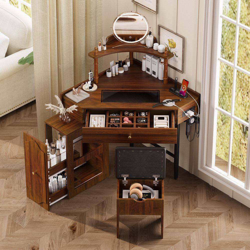 Harper & Bright Designs Corner Walnut Glass Tabletop Makeup Vanity Set ...
