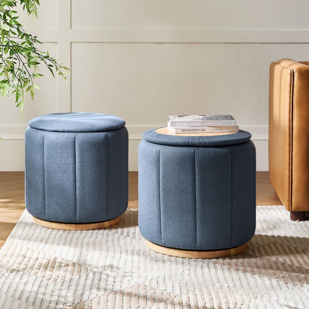 JAYDEN CREATION Susan Navy Polyester Round Ottoman with Swivel Base Set of 2 OTM1424-NAV-S2 ...