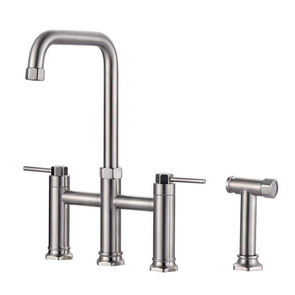 WOWOW Double Handle Bridge Kitchen Faucet with Pull Out Side Sprayer in ...