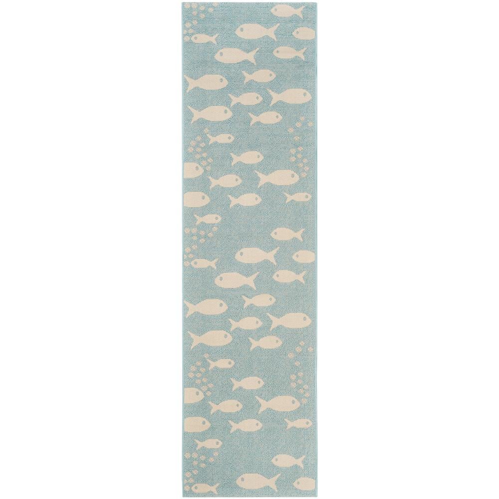 SAFAVIEH Courtyard Aqua/Beige 2 ft. x 8 ft. Geometric Indoor/Outdoor ...