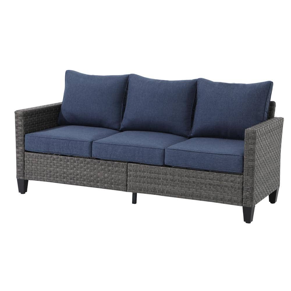 Freestyle Wicker Grey Outdoor 3-Seat Couch Sofa with Blue Cushion HD-FY ...