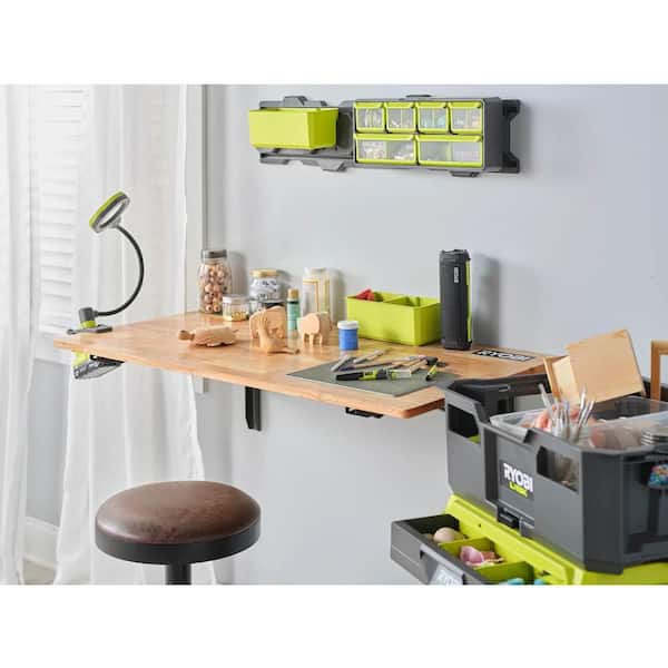 RYOBI Wall Mounted Stow Away Worktable with USB Lithium Clamp Fan Kit ...