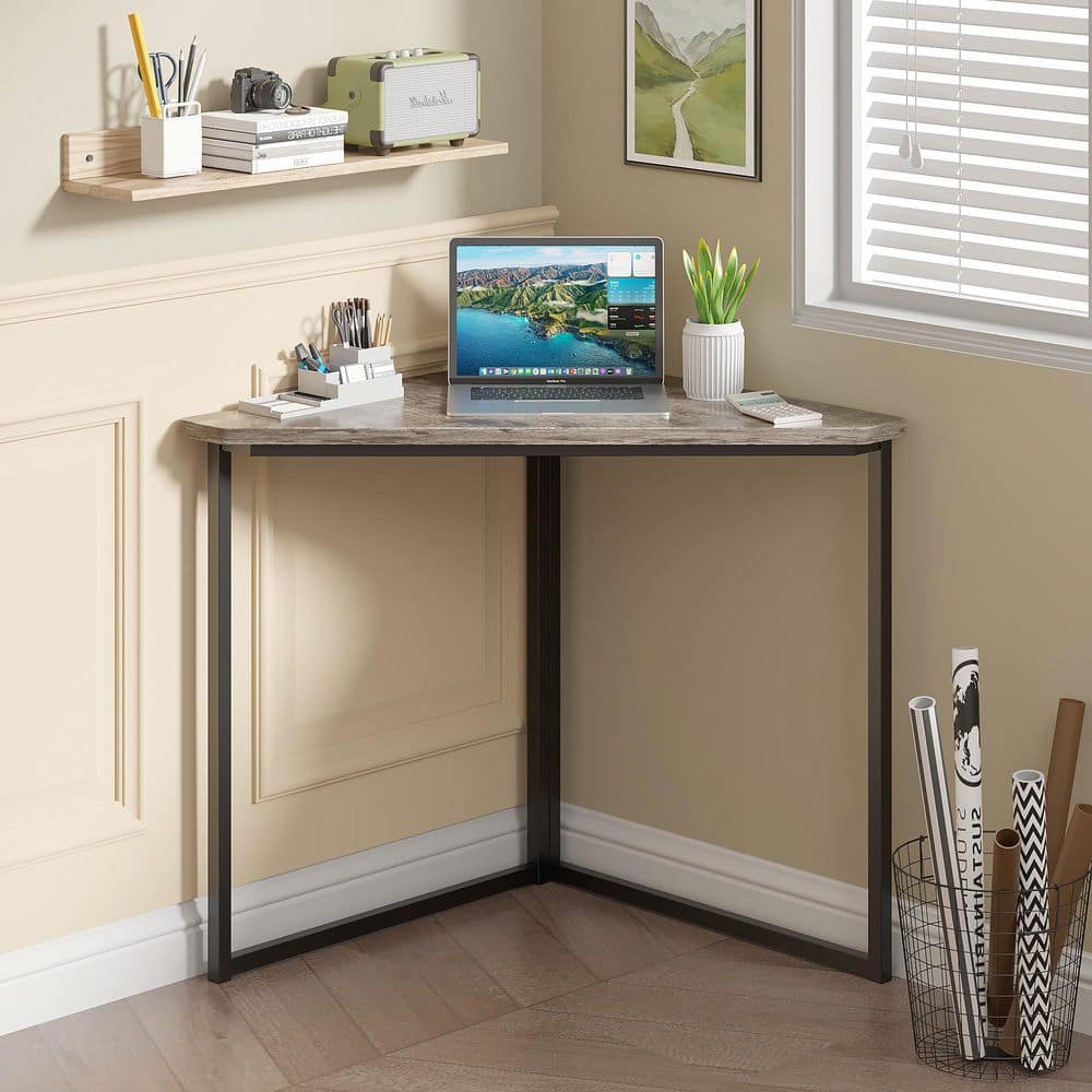 VECELO Corner Desk 23.4 in. Triangle Gray MDF Desk with Cabinet and ...