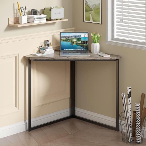 VECELO Corner Desk 23.4 in. Triangle Gray MDF Desk with Cabinet and ...