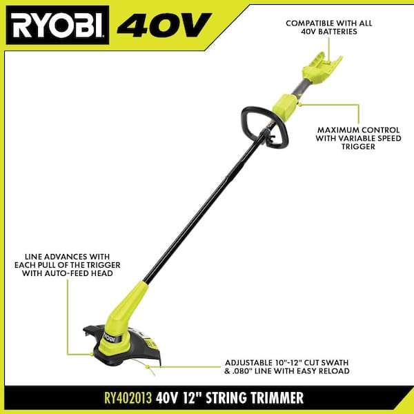 RYOBI 40V Cordless Battery 12 in. String Trimmer and 450 CFM 120 MPH ...