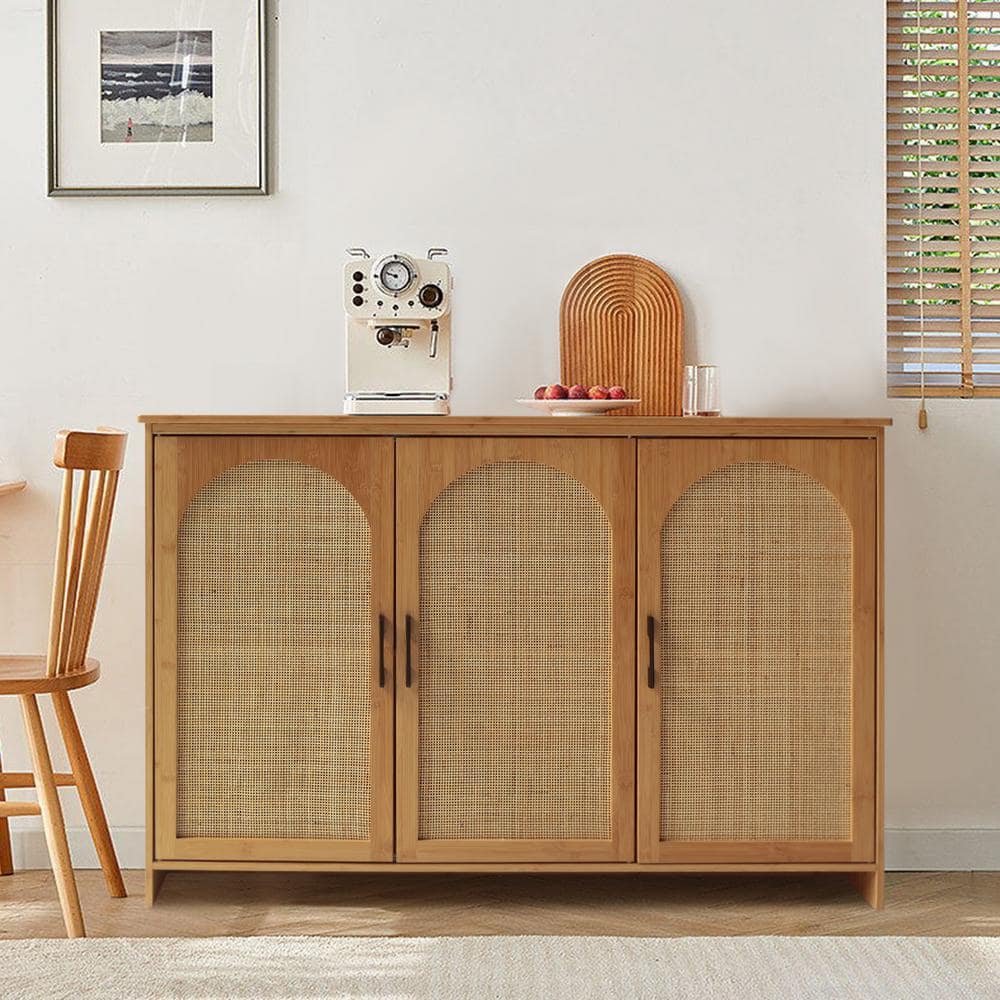 VEIKOUS Yellow Bamboo 47.4 in. W Sideboard Buffet Accent Storage Cabinet with Rattan Doors HP0404 07 111 The Home Depot