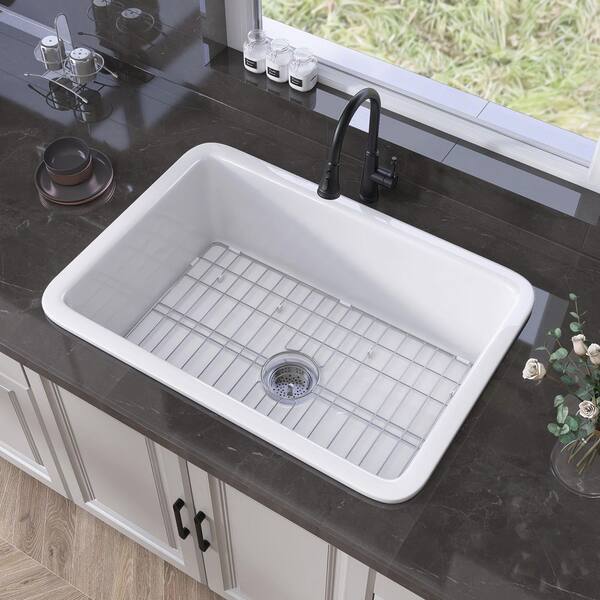 NTQ 32 in. Undermount Kitchen Sink Single Bowl Rectangular Sink White ...