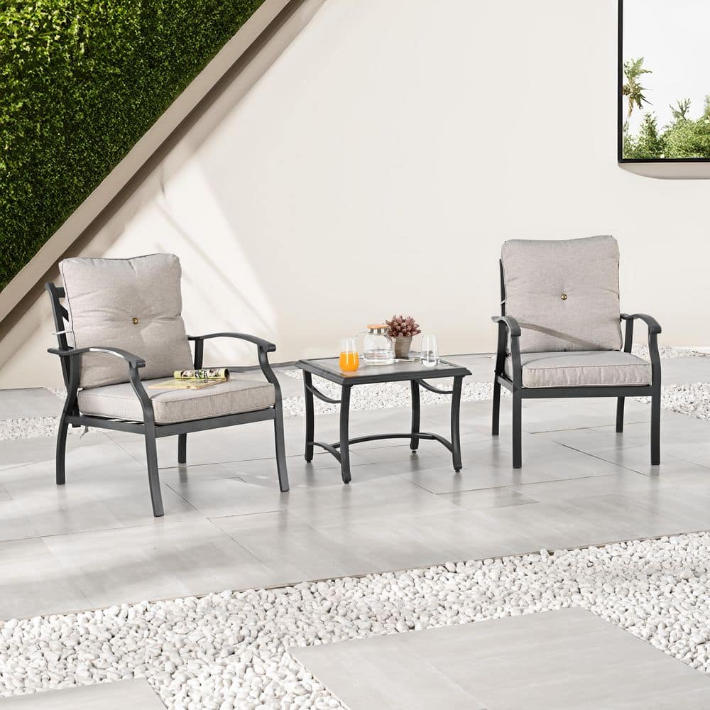 TOP SPACE 3-Piece Outdoor Chat Set with Gray Cushioned Armchairs and ...