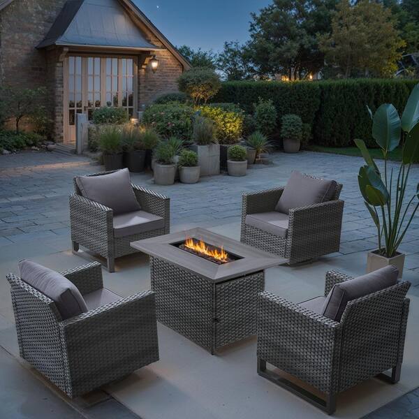 moosprr 5-Piece Gray Wicker Fire Pit Conversation Set with Olefin Gray ...
