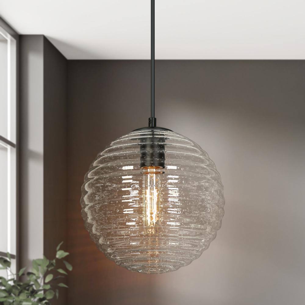Zevni Modern 1-light Matte Black Pendant Light with Striped Seeded ...