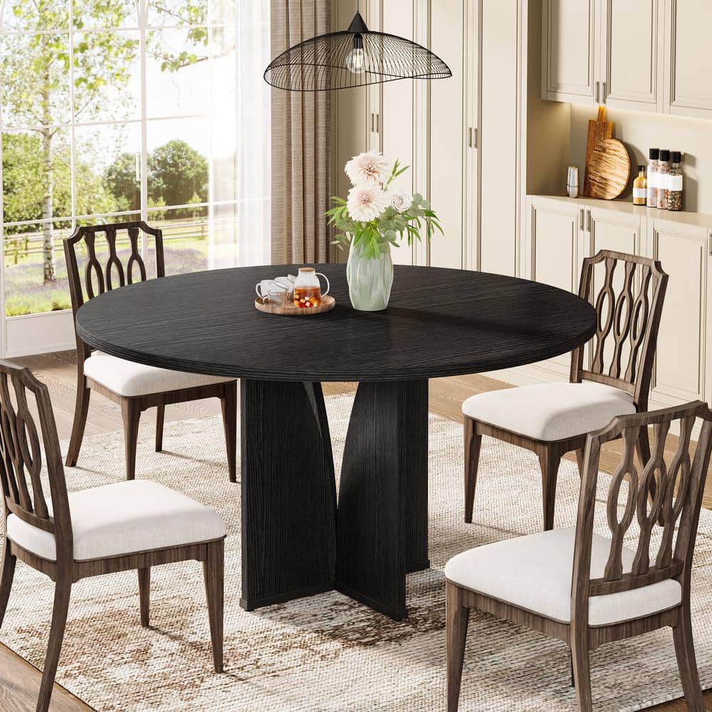 BYBLIGHT Roesler 39.37 in. Black Wood Round Dining Table, Rustic ...