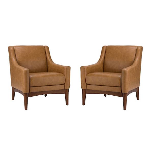 JAYDEN CREATION Gerard Camel Vegan Leather Armchair with Solid Wood ...