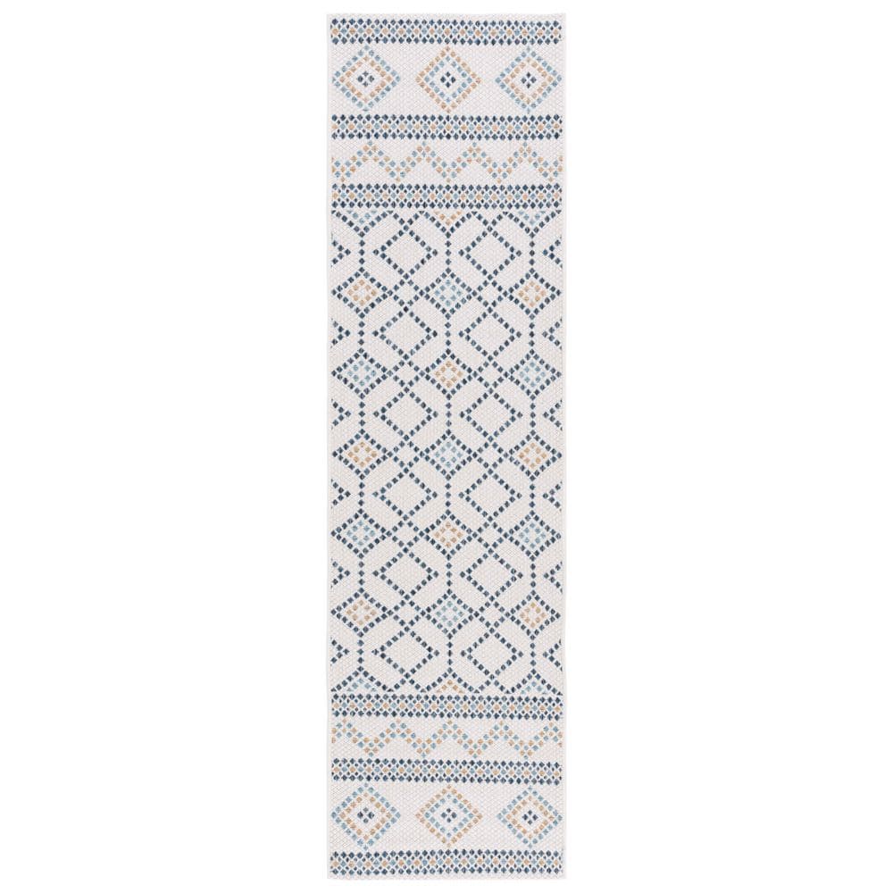 SAFAVIEH Courtyard Ivory/Navy Yellow 2 ft. x 8 ft. Geometric Modern ...
