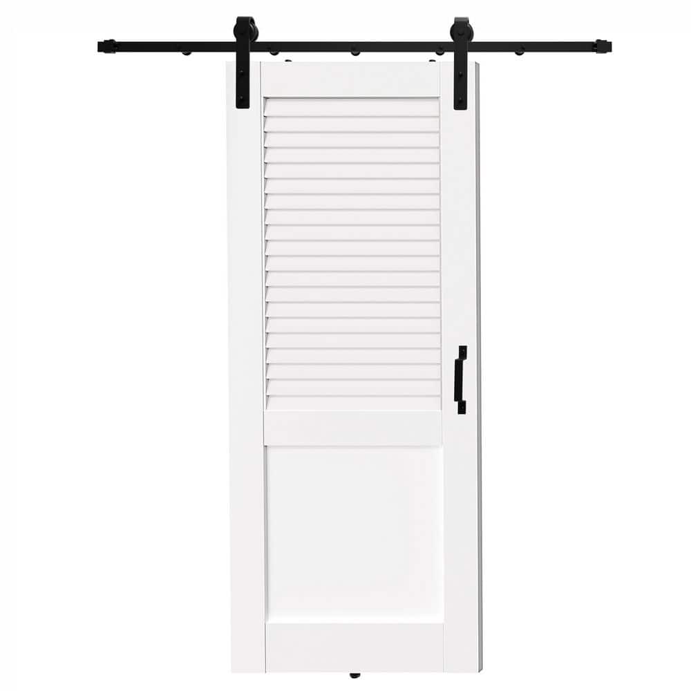 TENONER 32 in. x 80 in. Half-Louver White Primed Pine Wood Barn Door ...