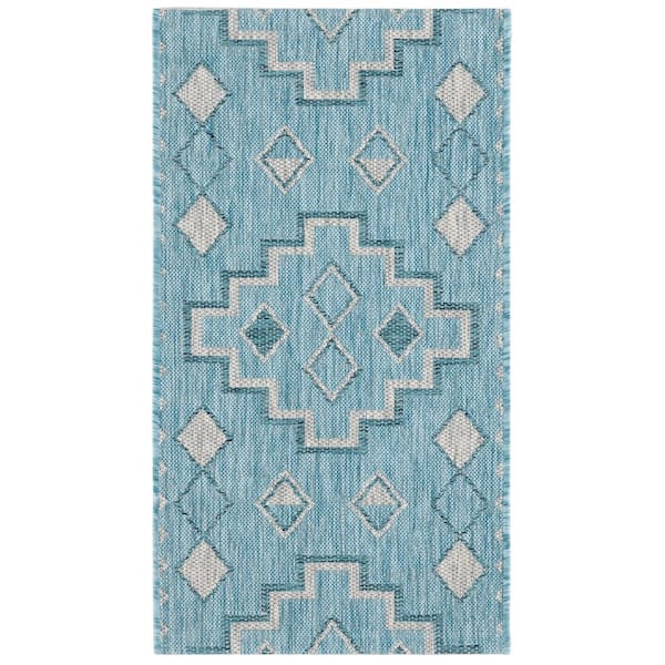 SAFAVIEH Courtyard Aqua/Gray 3 ft. x 5 ft. Aztec Tribal Indoor/Outdoor ...