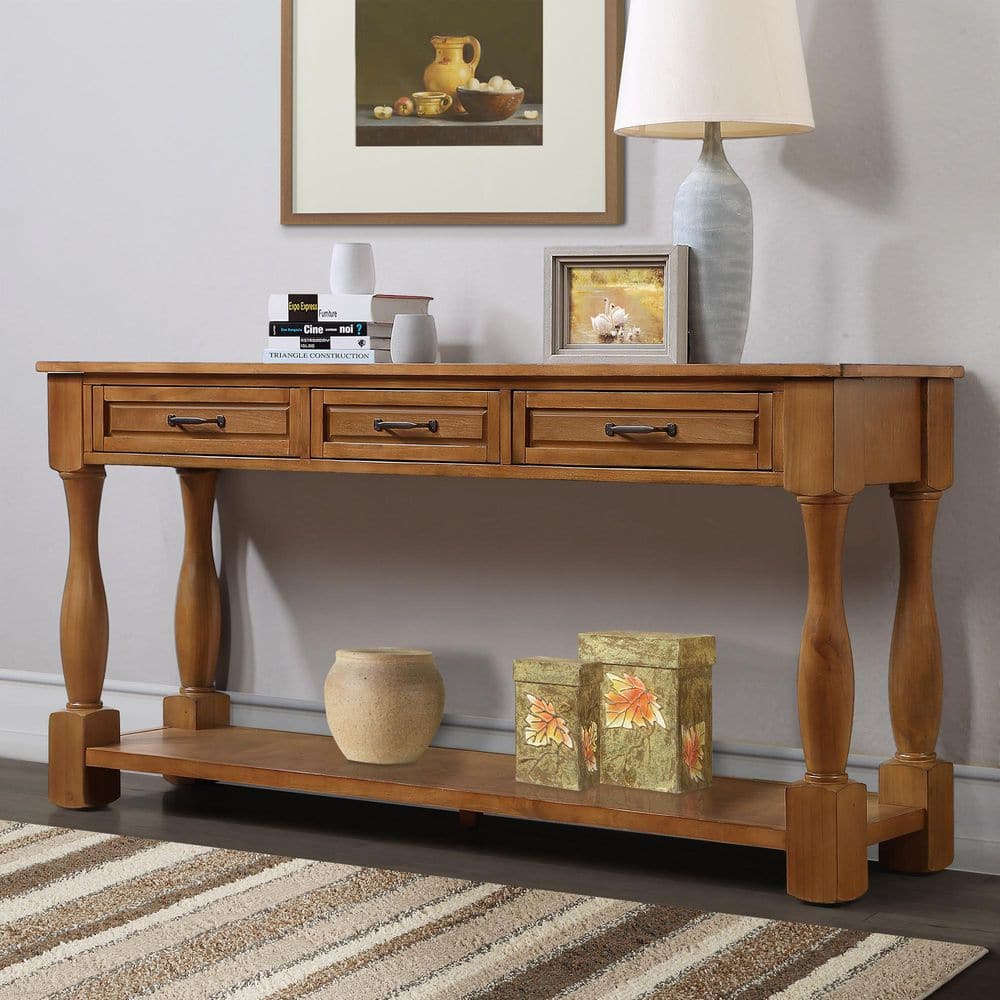 Noble House Adelaide 63.4 in. Brown Rectangle Wood Console Table with 3 ...