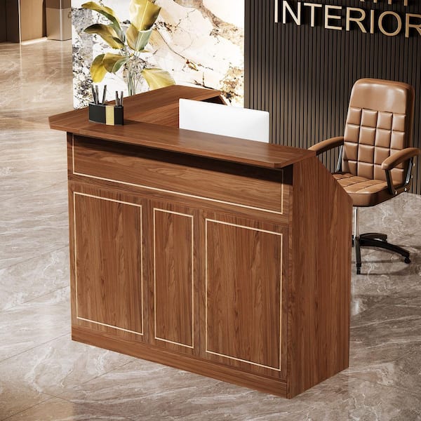 BYBLIGHT Lanita 51.2 in. L-Shaped Red Brown Wood Reception Desk with ...