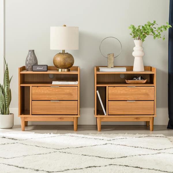 2 Drawer Caramel Set of 2 Solid Wood Mid Century Modern Nightstands with Tray Top 25.5 in. H x 25 in. W x 16 in. D