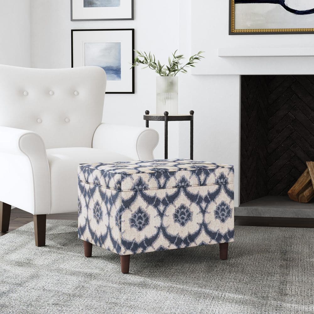 Homepop Dinah Blue Medallion Print Polyester 24 in. Ottoman with ...