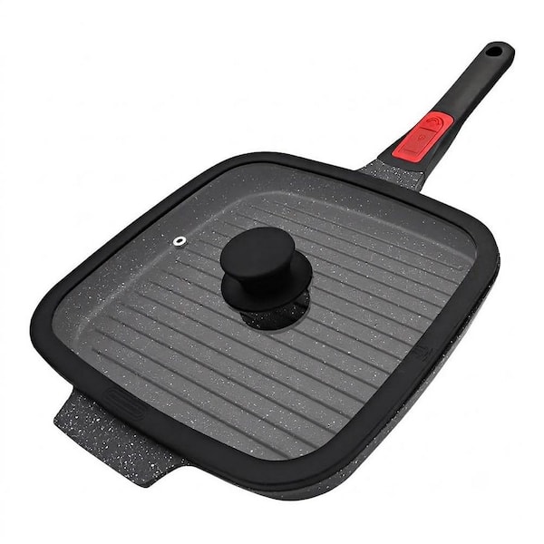 Anqtovp 10 in. Cast Aluminum Nonstick Grill Pan with Detachable Handle ...