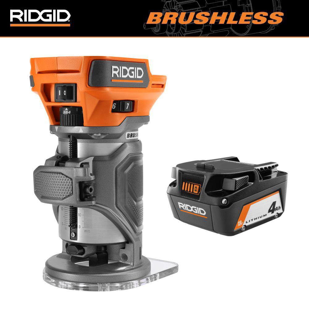 RIDGID 18V Brushless Cordless Compact Router with 4.0 Ah Lithium-Ion ...
