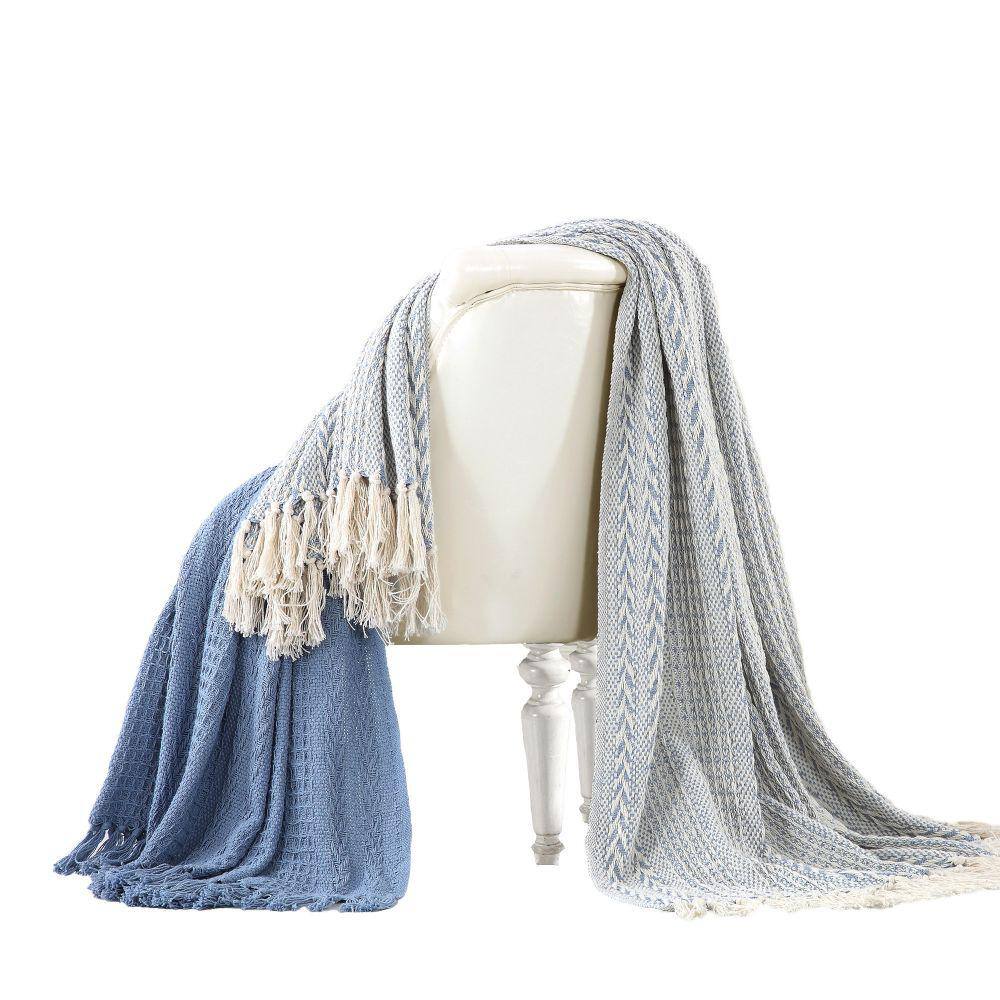 THE URBAN PORT Latina Blue Cotton Throw with Decorative Fringe (Set of ...