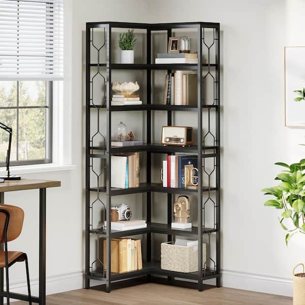 Tribesigns 78.7 in. Tall Black Engineered Wood 7-Shelf Corner Bookcase ...