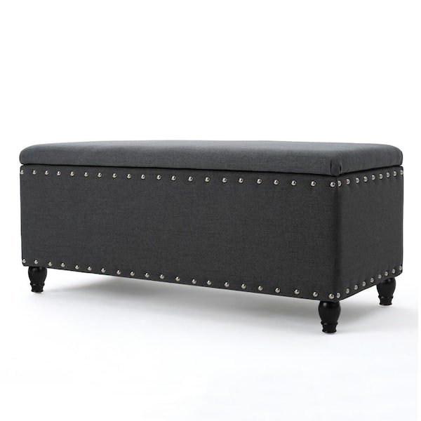 Noble House Aleena Charcoal Fabric Studded Storage Ottoman 11836