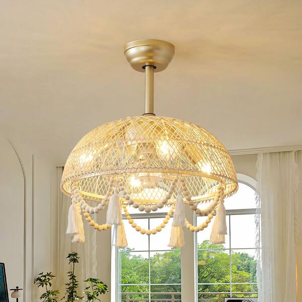 KAISITE 19 in. Indoor Rattan Woven Boho Gold Caged Fandelier Ceiling ...