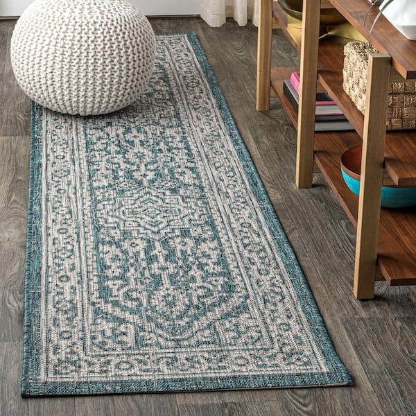 JONATHAN Y Sinjuri Teal Blue/Gray 2 ft. x 10 ft. Medallion Textured ...