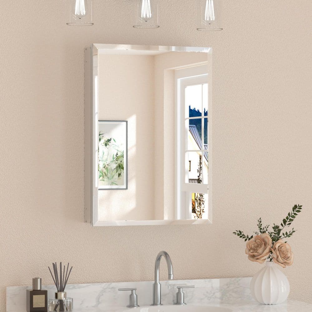 Reviews for KeonJinn 20 in. W x 28 in. H Rectangular Beveled Frameless Metal Silver Surface ...