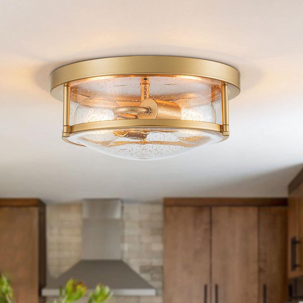 HUOKU Lumin 11.8 in. 2-Light Gold Flush Mount with Drum Seeded Glass ...