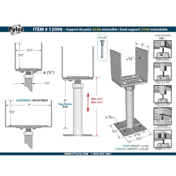 Pylex Adjustable Deck Support Multi-Format 33-66 Black (Pack of 2 Units ...