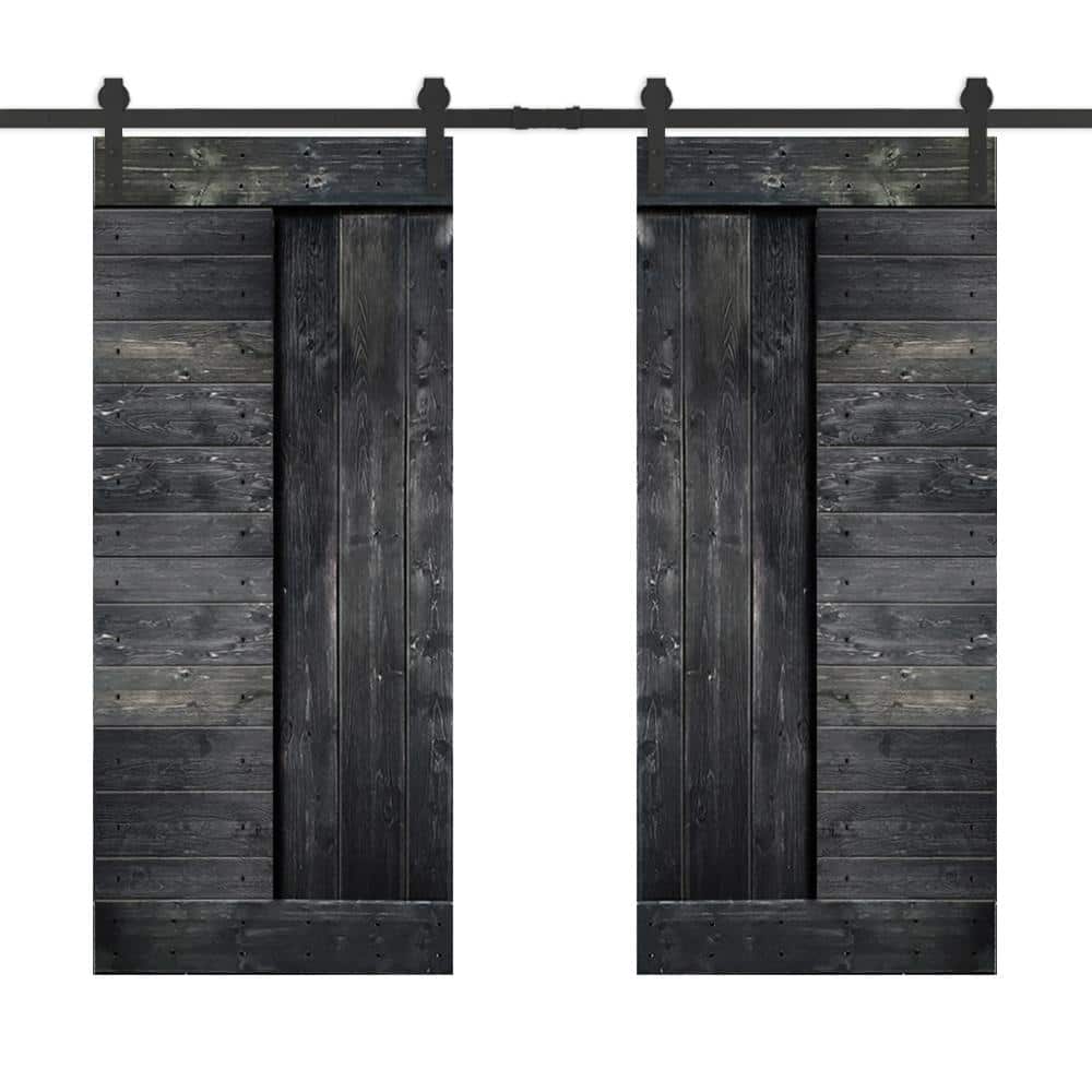 CALHOME 60 in. x 84 in. Metallic Gray Stained DIY Knotty Pine Wood Interior Double Sliding Barn ...