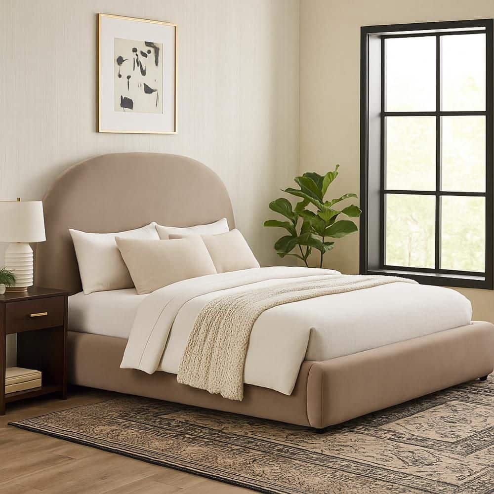 Benjara Feny Camel Brown Wood Frame King Panel Bed with Upholstered Headboard BM338733 - The ...