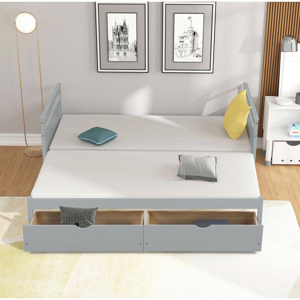 ANBAZAR Gray Extendable Twin Size Platform Bed with Two Drawers, Solid ...
