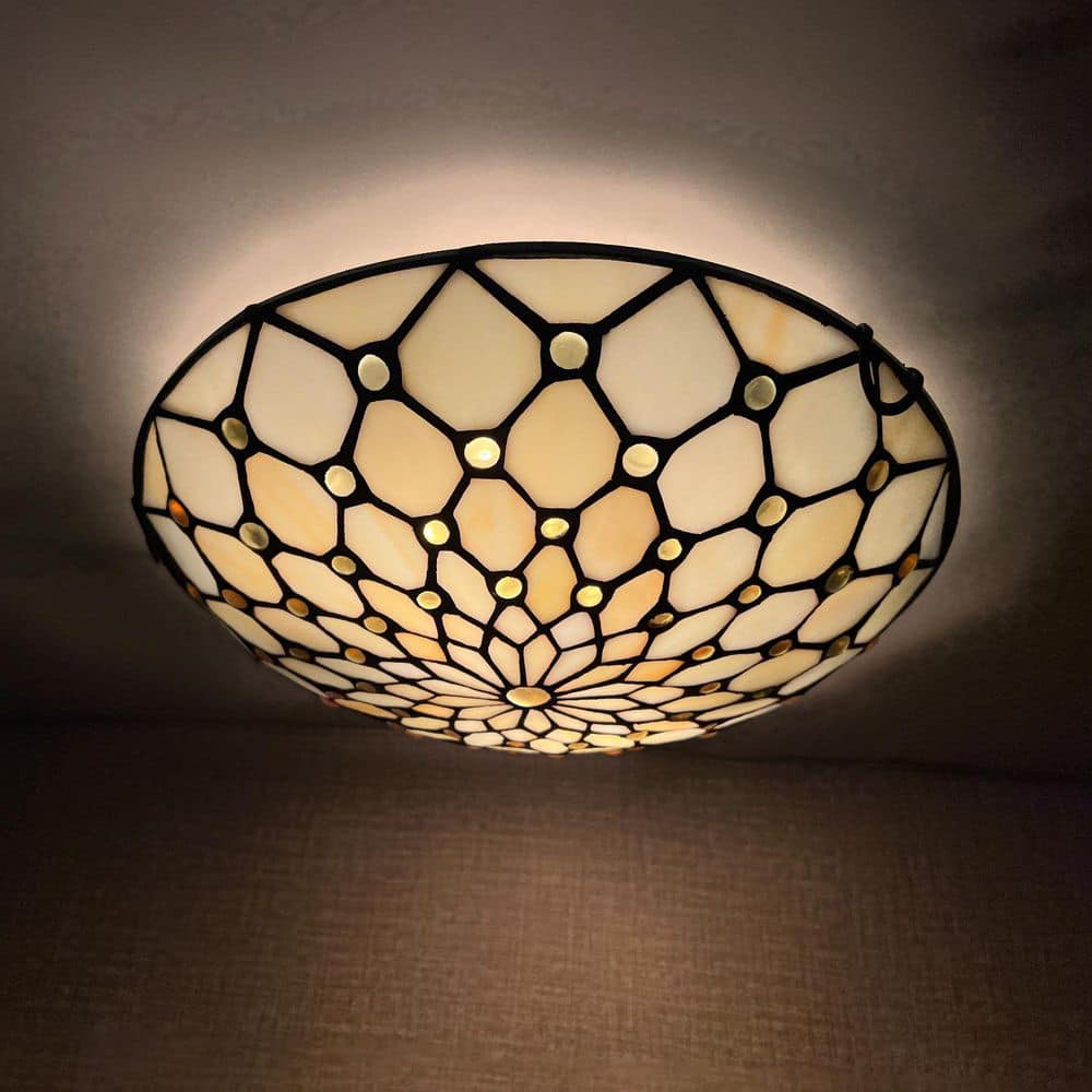 VINPLUS 12 in. 2-Light White Flush Mount with Amber Gold Stained Glass ...