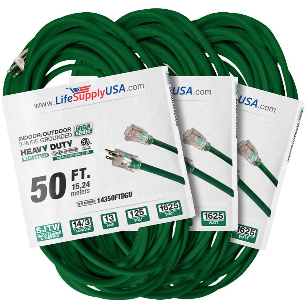 LifeSupplyUSA 50 ft. 14-Gauge/3-Conductors SJTW 15 Amp Indoor/Outdoor ...