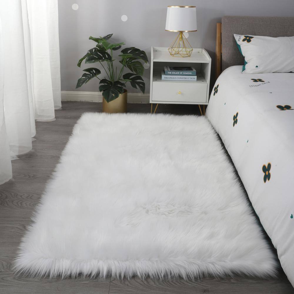 Huluwat Pure White 6 ft. x 4 ft. Ultra Soft Fluffy Faux Fur Sheepskin ...