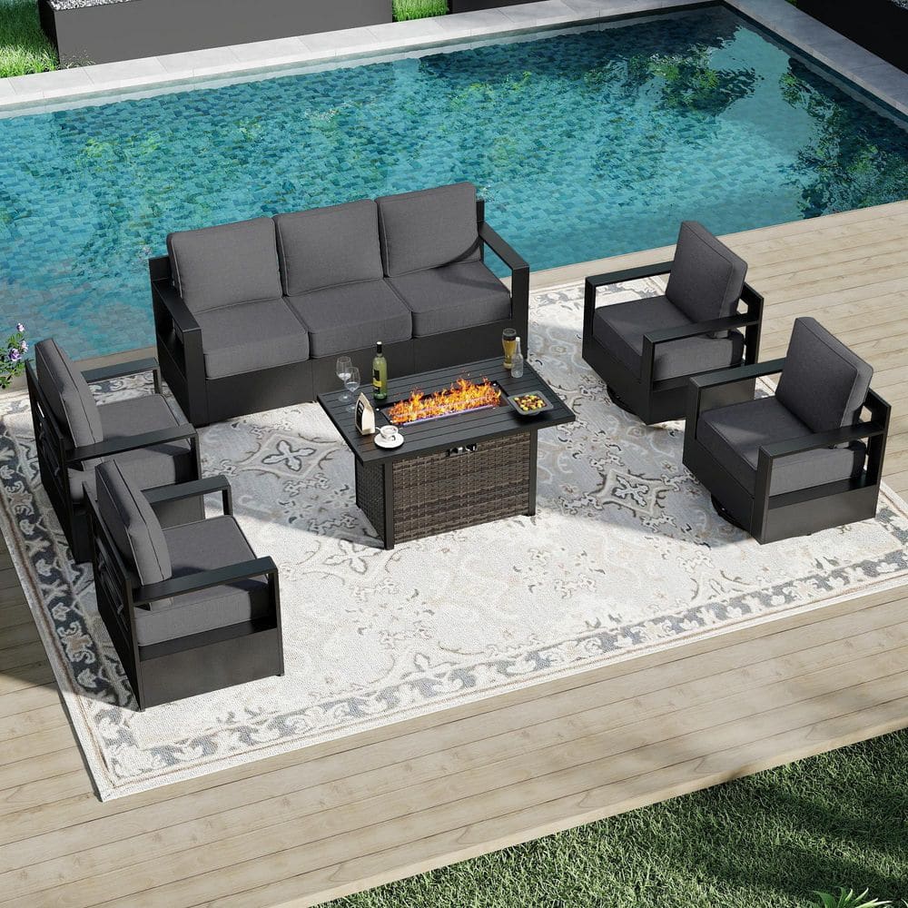 JOYSIDE 6-Piece Fire Pit Patio Set Wicker Outdoor Patio Conversation ...