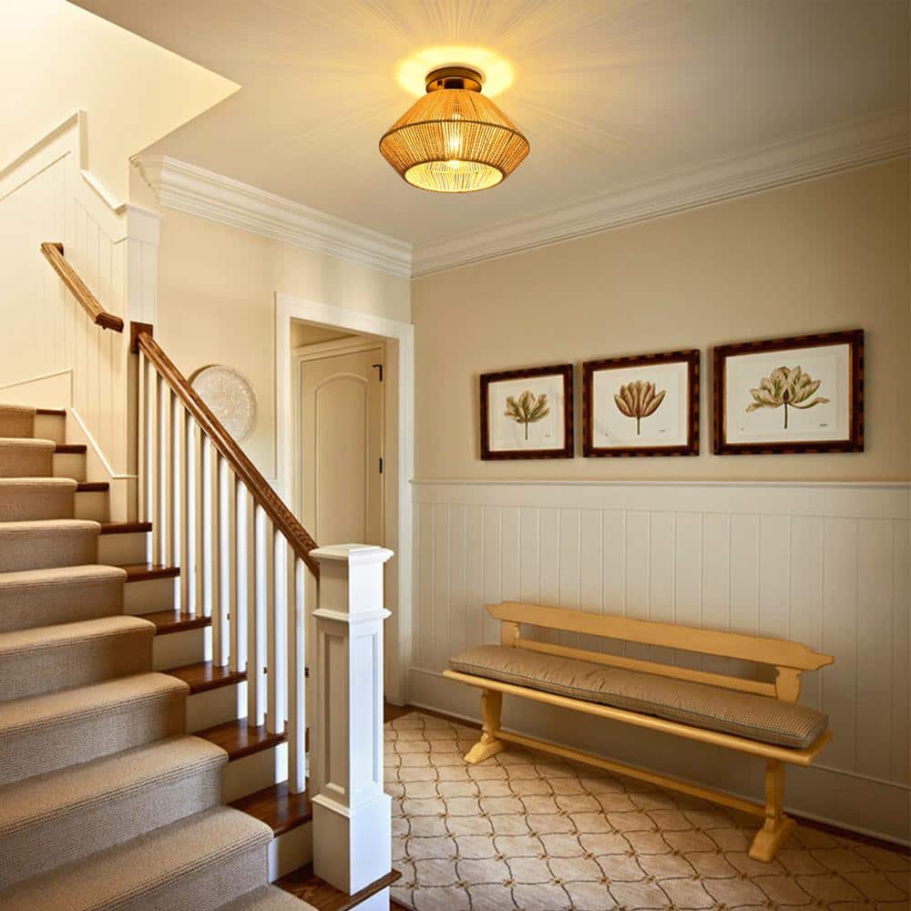 TOZING 12 in. 1-Light Farmhouse Rustic Natural Hand Woven Rattan Caged ...