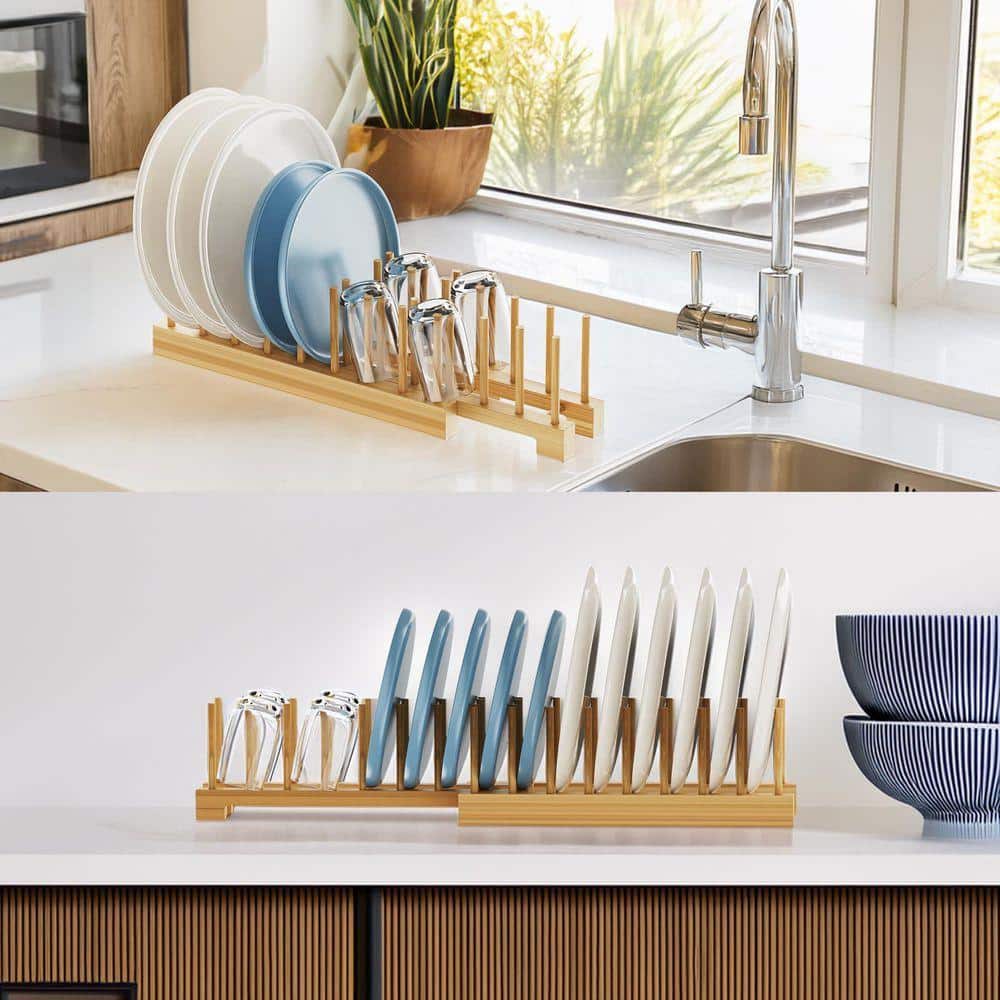Lynzavix Natural Bamboo Expandable Plate Rack Dish Drying Rack ...
