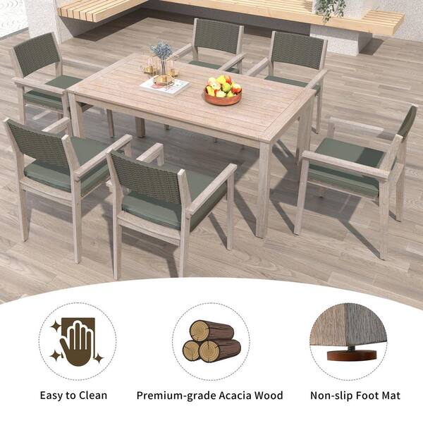 White Washed 7 Piece Wood Outdoor Dining Set with Grayish Green Cushion and Rattan Backrest