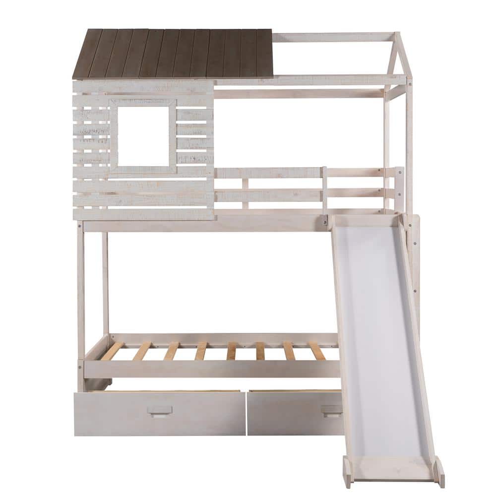 Angel Sar Angel White Twin Over Twin Bunk Bed with Two Storage Drawers ...