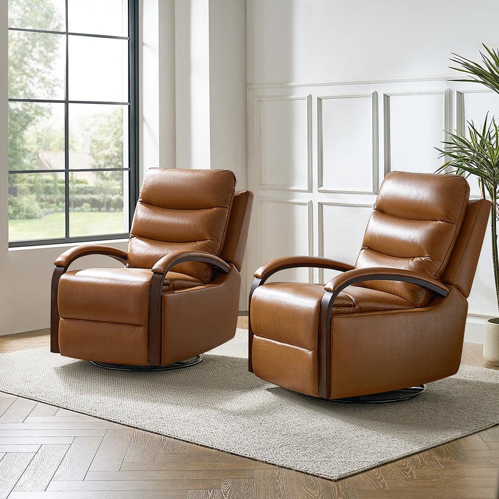 JAYDEN CREATION Joseph Genuine CAMEL Leather Swivel Manual Recliner with Wooden Arm Accents and Straight Tufted Back Cushion Set of 2 RCCZ0827 CML S2 The Home Depot