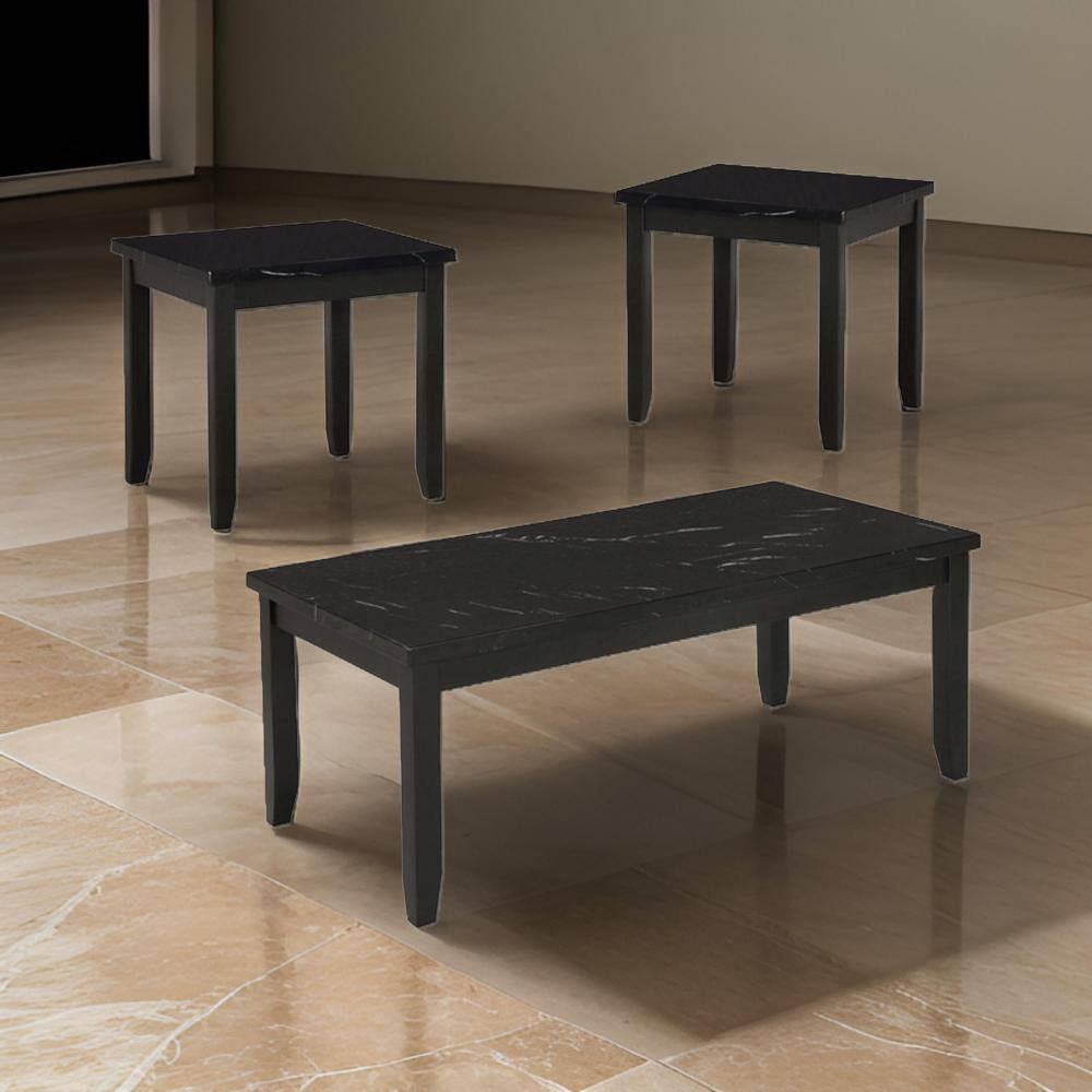 Benjara Lide 24 in. Black Rectangle Faux Marble 3-Piece Coffee Table and End Table Set BM313243 ...