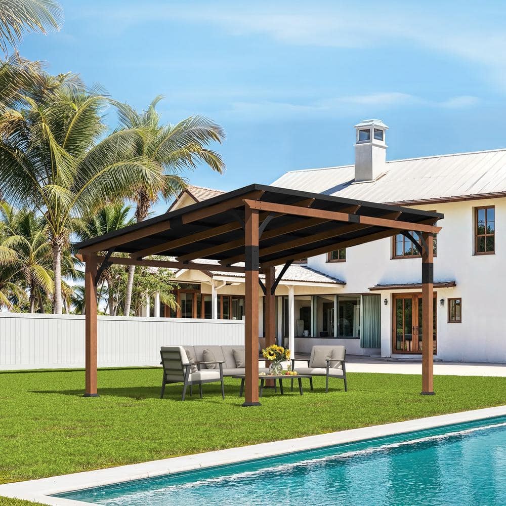 LUE BONA Chandler 12 ft. x 14 ft. Sloped Metal Roof Pergola Wood Grain ...